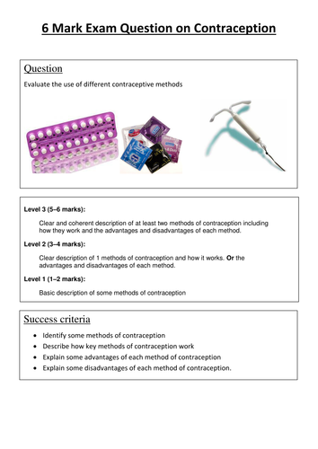 Contraception - 6 mark teacher assessed task | Teaching Resources