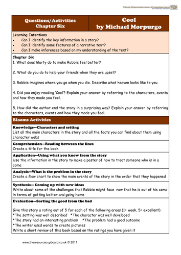 Cool by Michael Morpurgo Independent Learning Contracts | Teaching ...