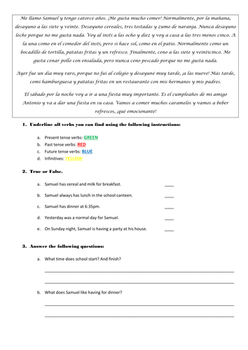 Food - Reading and writing - 3 tenses (present, preterite and immediate ...