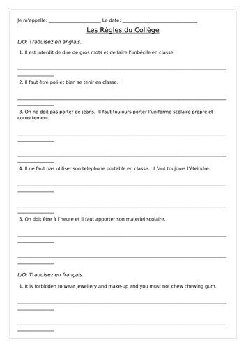 FRENCH - School Rules - Worksheets | Teaching Resources