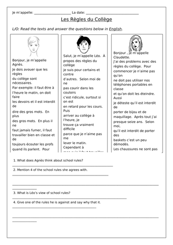 FRENCH - School Rules - Worksheets | Teaching Resources