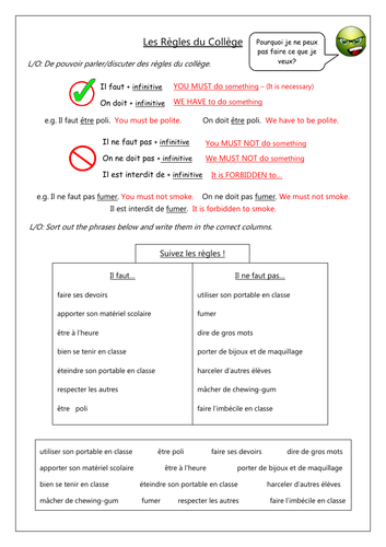 FRENCH - School Rules - Worksheets | Teaching Resources