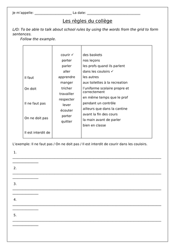 FRENCH - School Rules - Worksheets | Teaching Resources