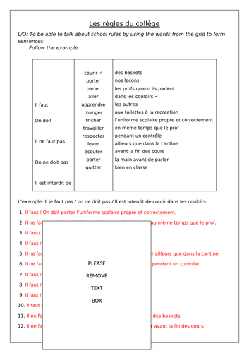 FRENCH - School Rules - Worksheets | Teaching Resources