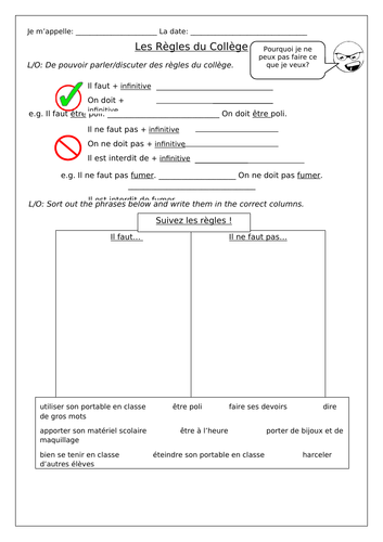 FRENCH - School Rules - Worksheets | Teaching Resources