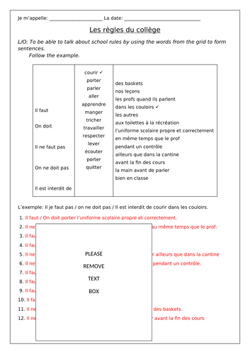 FRENCH - School Rules - Worksheets | Teaching Resources