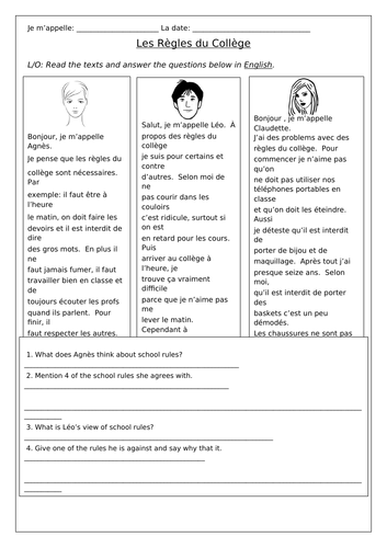 FRENCH - School Rules - Worksheets | Teaching Resources