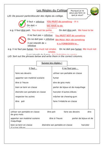FRENCH - School Rules - Worksheets | Teaching Resources