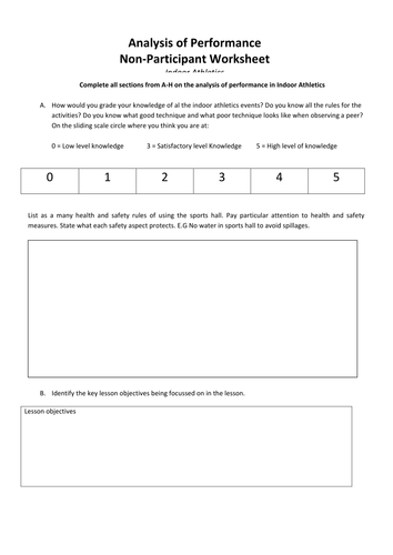 Non participant worksheets for 10 sports (Analysis of performance ...