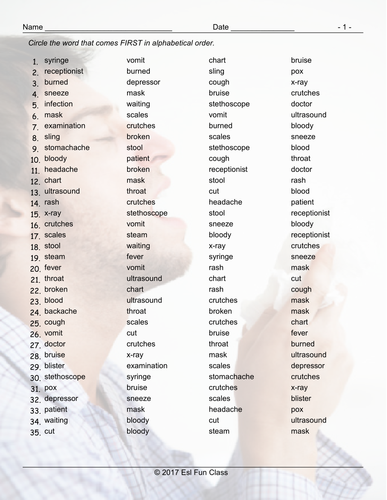 Doctors-Illness Injury Alphabetical Order Worksheet | Teaching Resources