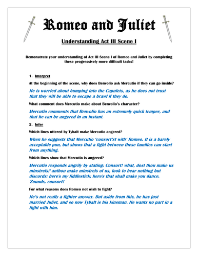 Romeo and Juliet: Act 3 Scene 1 - The Fight Scene! | Teaching Resources