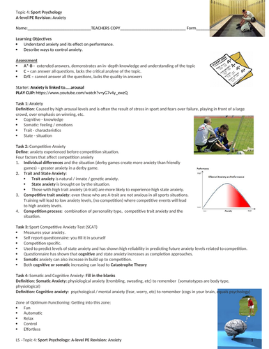 A-level PE Edexcel (Spec 2016) Anxiety Revision | Teaching Resources