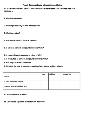 KS3 Unit 7H Chemistry - Chemical reactions (7a 7b Elements, 7c Metals ...