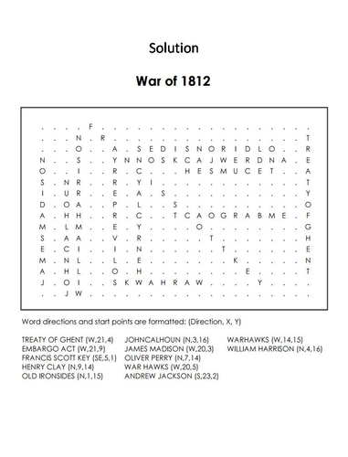 War of 1812 Word Search | Teaching Resources
