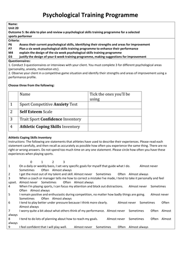 Unit 20 Outcome 5 Psychological Skills Training Programme | Teaching ...