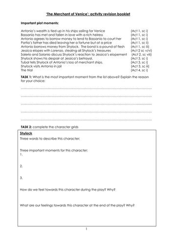 GCSE 'The Merchant of Venice' revision booklet and activity booklet ( AQA English Literature ...