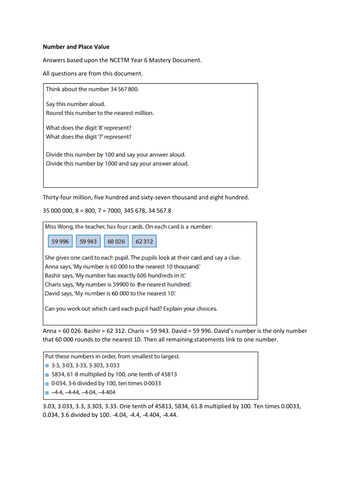 NCETM Year 6 Number and Place Value Mastery ANSWERS | Teaching Resources