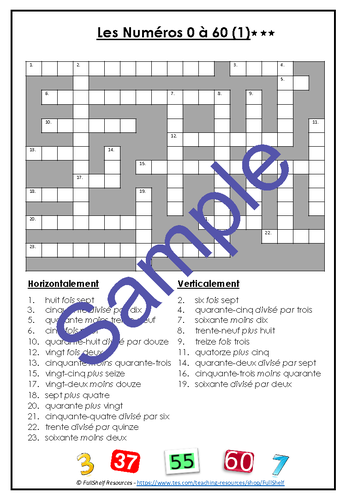 French Numbers Crosswords | Teaching Resources