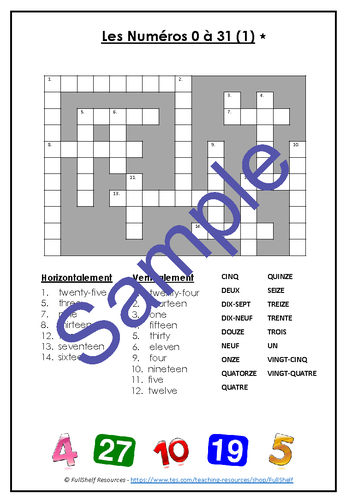 French Numbers Crosswords | Teaching Resources