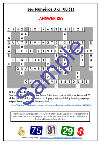 French Numbers Crosswords | Teaching Resources