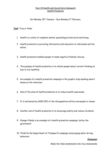 Health and Social Care Unit 5 - Health Promotion (Learning Aim A ...