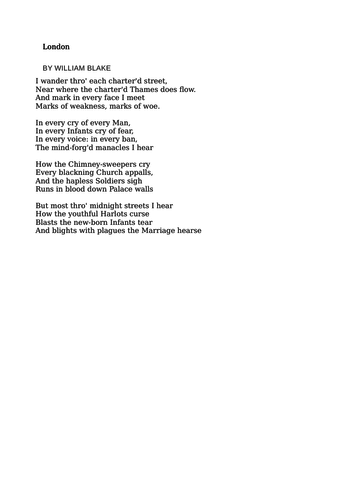 Poem Analysis - 'London' by William Blake | Teaching Resources