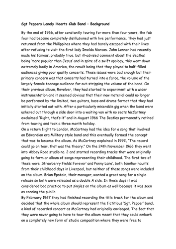 AQA GCSE - AoS 2 - The Beatles Sgt Peppers Analysis Sheets | Teaching ...