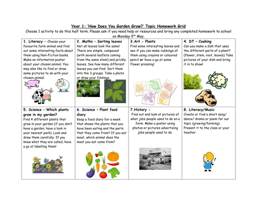 Year 1 Growing and Farming Topic Homework Grid | Teaching Resources Year 1 Growing and Farming Topic Homework Grid | Teaching Resources