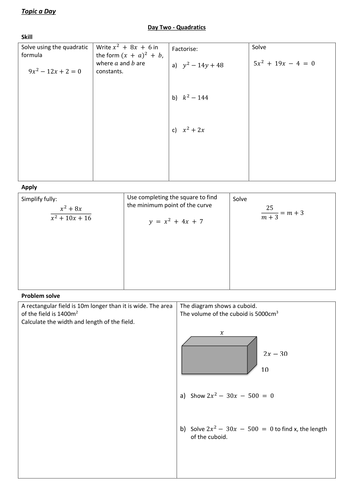 Topic a day - Day 2 Quadratics | Teaching Resources
