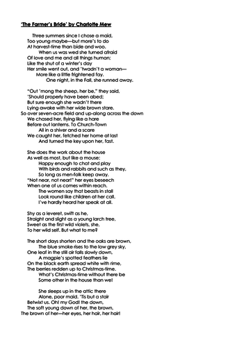 'The Farmer's Bride' lesson - AQA GCSE English Literature Love and ...