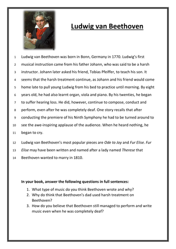 Reading and Questions on Ludwig van Beethoven | Teaching Resources