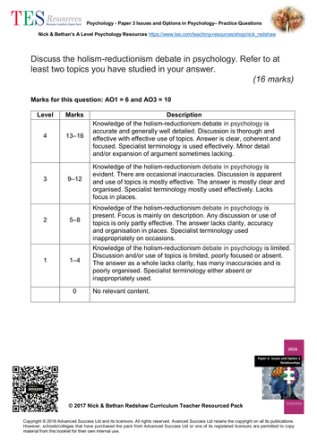 Paper 3 - Issues and Options in Psychology– Practice Questions Holism ...