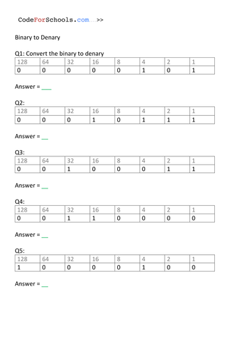 Denary to Binary Conversion (worksheets) | Teaching Resources Denary to Binary Conversion (worksheets) | Teaching Resources