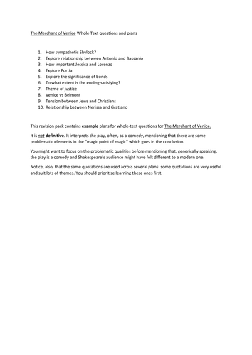 The Merchant of Venice IGCSE Whole-text question essay plans | Teaching ...