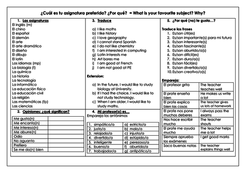 GCSE Spanish las asignaturas: School subjects & opinions writing ...