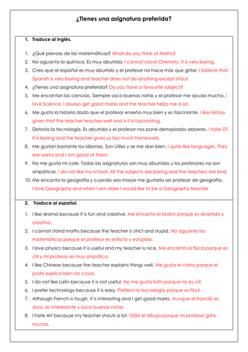 GCSE Spanish las asignaturas: School subjects & opinions writing ...