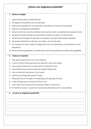 GCSE Spanish las asignaturas: School subjects & opinions writing ...