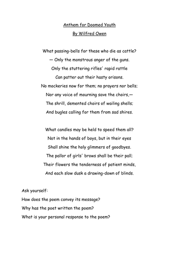 KS3 War Poetry 'Anthem for Doomed Youth' | Teaching Resources