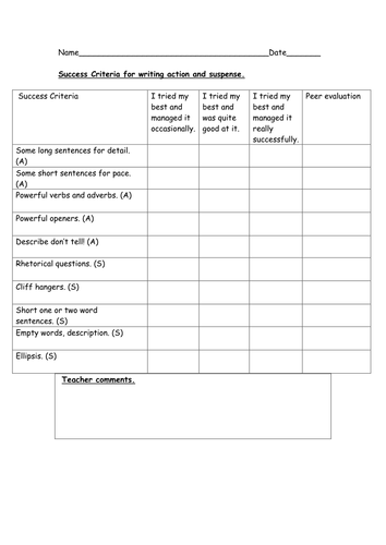 Success criteria self and peer evaluation sheet for action and suspense ...