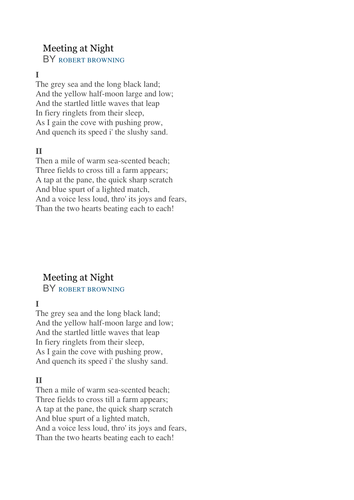 Meeting At Night - Robert Browning Poetry Songs of Ourselves | Teaching ...