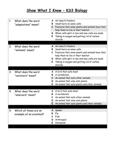 SEN Multiple Choice Assessment for KS3 Biology, Environment, Organs ...