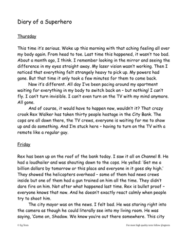 Diary of a Superhero - example text and lesson ideas | Teaching Resources