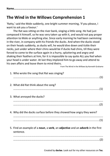 Mini Comprehensions - The Wind in the Willows - for Year 4 and 5 ...