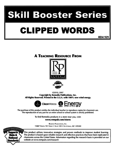 Clipped Words: Skill Booster Series | Teaching Resources