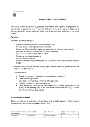 Draft Governors Visit to School Policy | Teaching Resources