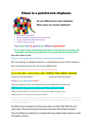 Colour mixing with Elmer the patchwork elephant | Teaching Resources