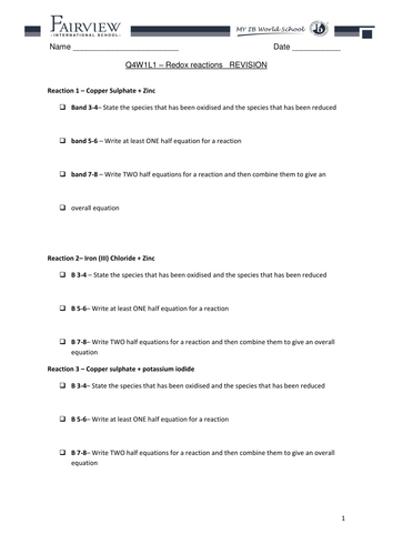 Redox reaction practice sheet | Teaching Resources
