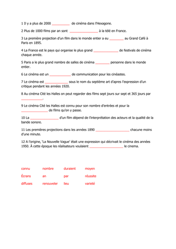 Le cinéma - gap-fill exercise. AQA A/AS Level French | Teaching Resources