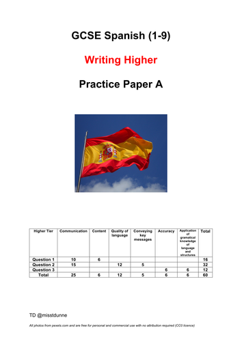 Spanish GCSE 9-1 Writing Practice Paper AQA Higher and Foundation Paper ...