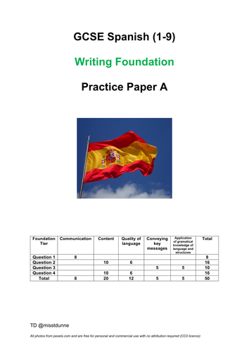 Spanish GCSE 9-1 Writing Practice Paper AQA Higher and Foundation Paper ...